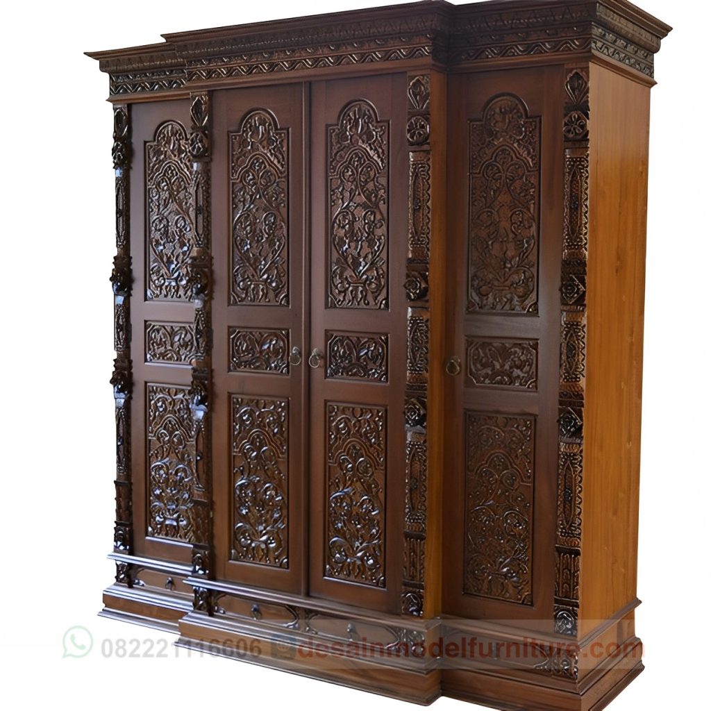 Lemari Pakaian Jati 4 Pintu Model Ukiran Kuno Asli Jepara - Desain ...